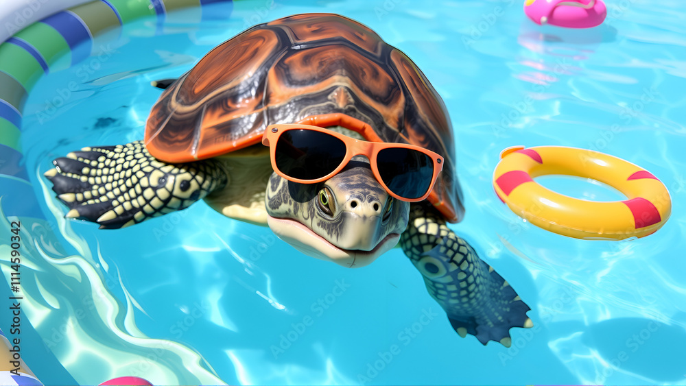 A goofy turtle wearing sunglasses and a bright red inner tube, floating on its back in a ...