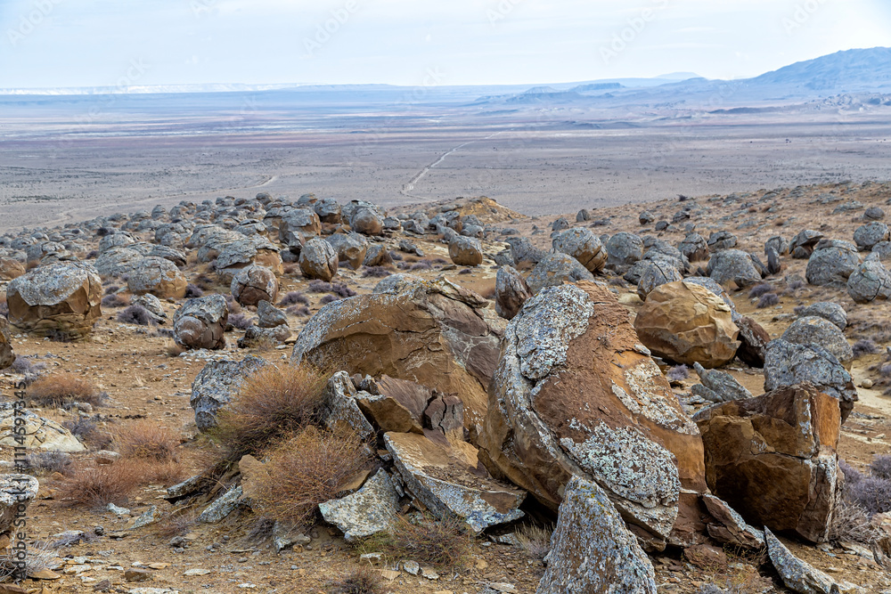 Kazakhstan, Mangistau, Mangyshlak, Valley of Balls. Geological stone ...