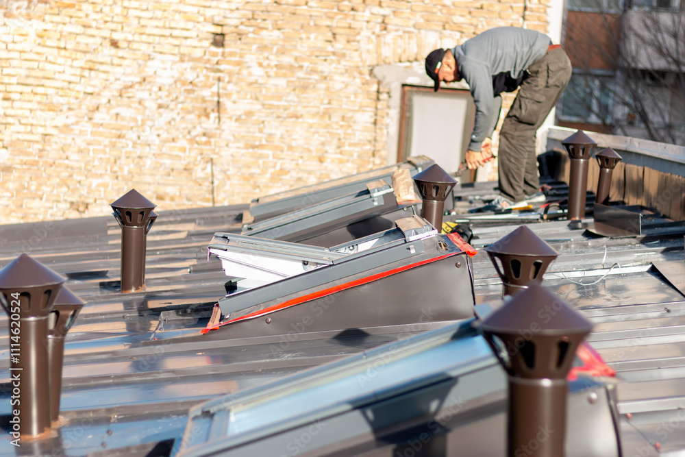 Photo & Art Print New roof with skylight windows in mansard garret, or ...