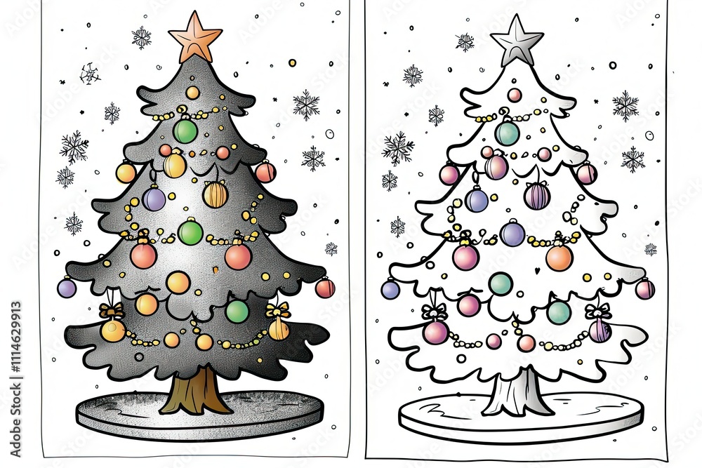 Black-and-white Christmas coloring page and its vibrant colored version ...