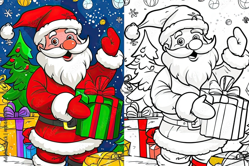 Black-and-white Christmas coloring page and its vibrant colored version ...