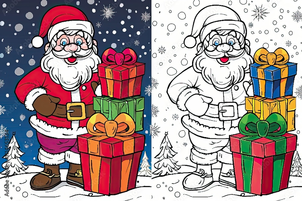 Black-and-white Christmas coloring page and its vibrant colored version ...