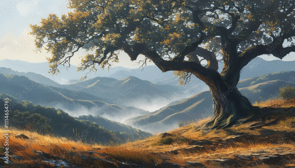 Evocative 3D representation of a majestic oak tree overlooking misty ...