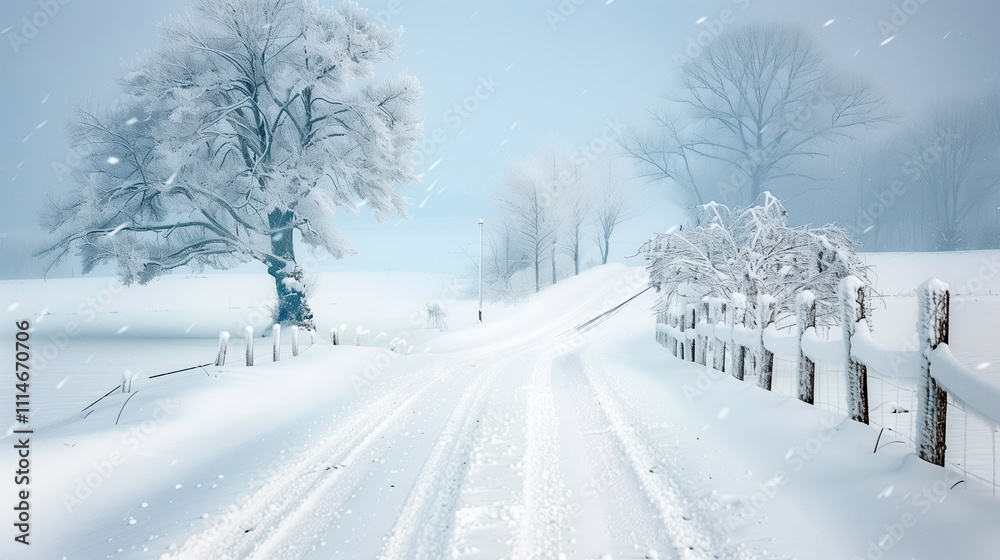 Snowfall Over a Quiet Countryside Road. A peaceful country road ...
