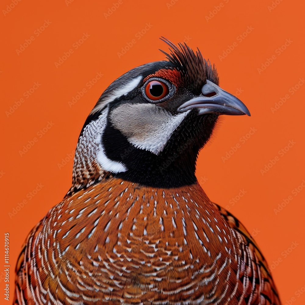 Close-up studio portrait of a vibrant quail with striking plumage and ...