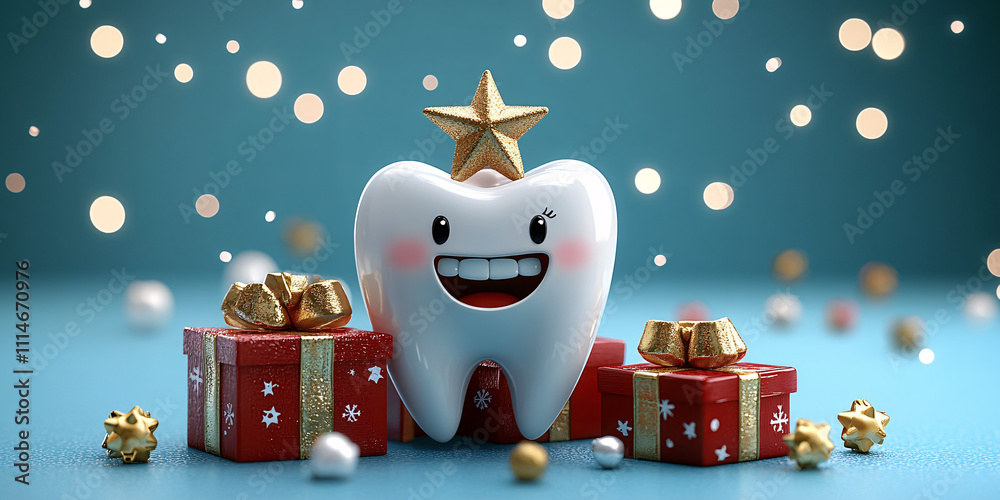 Cheerful cartoon tooth character with gifts, perfect for Christmas ...