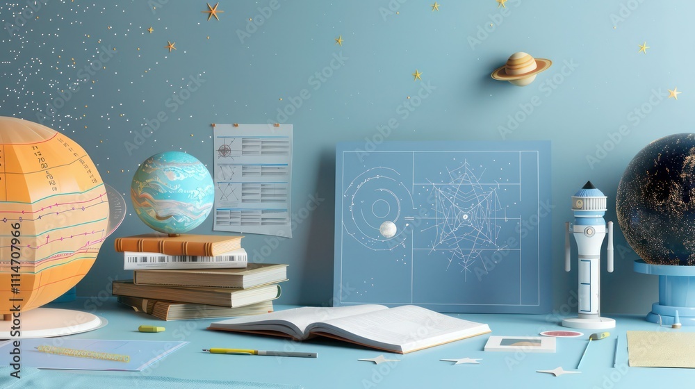 An astrophysicist's study area with star charts, a model of the solar ...