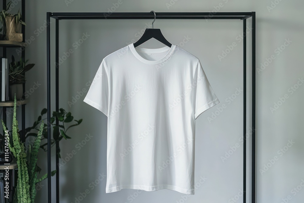White tee shirt hanging on a modern closet rack, displaying minimalist ...