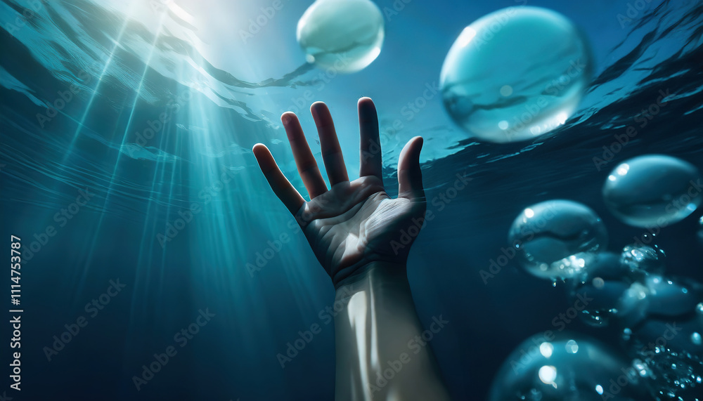 Foto de An underwater scene capturing a hand reaching out amid bubbles ...