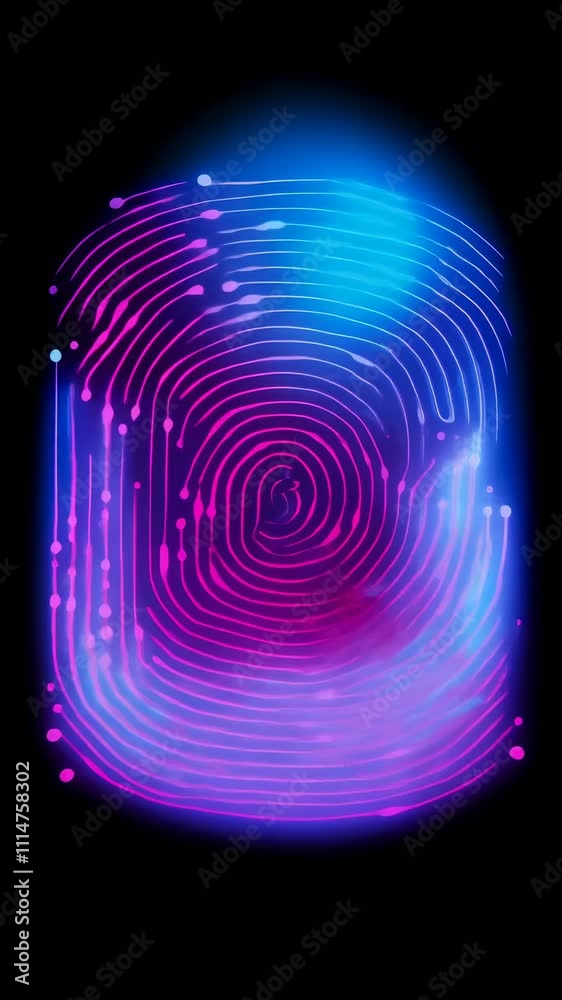 Neon fingerprint glowing on dark background representing biometric ...