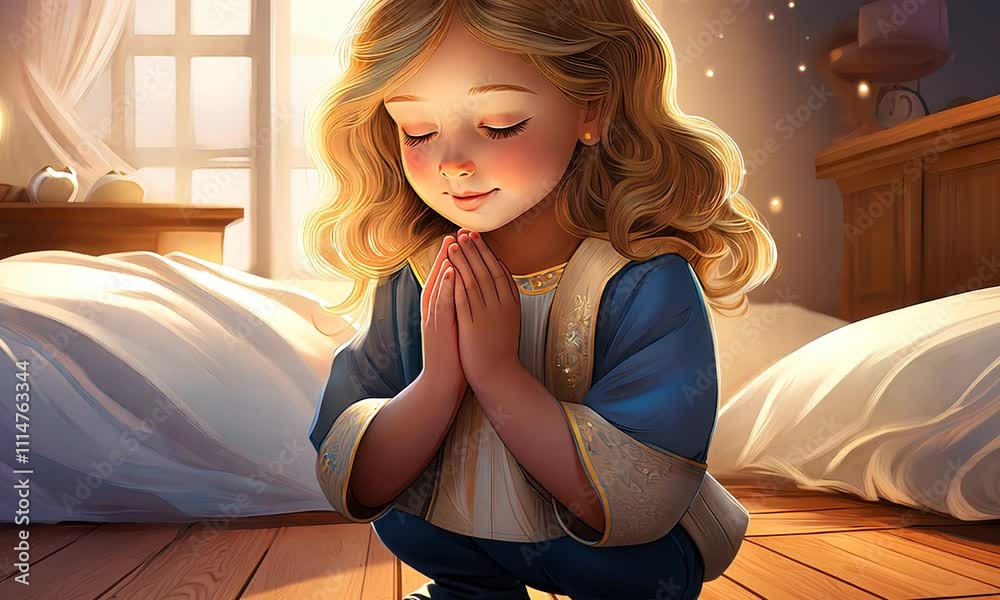 Child's prayer before bed. Little girl praying on her knees near her ...