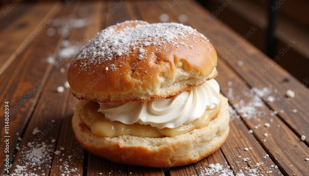 Close-up of a semla bun with whipped cream and almond paste filling ...