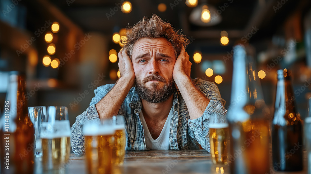drunk sad man holding his head sitting at home or bar at table with ...