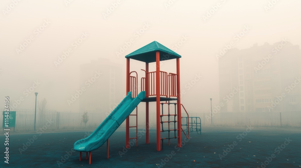 Pollution toxins air. Abandoned playground shrouded in smog and toxic ...