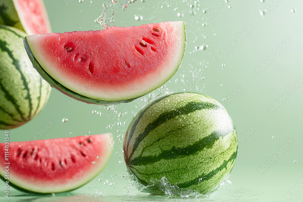 Watermelons floating air whole sliced surrounded water splashes vibrant ...