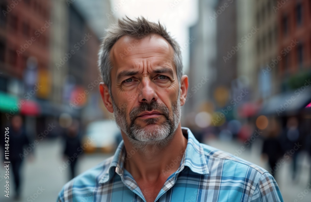 Middle-aged man stands on city street with serious expression. Urban ...