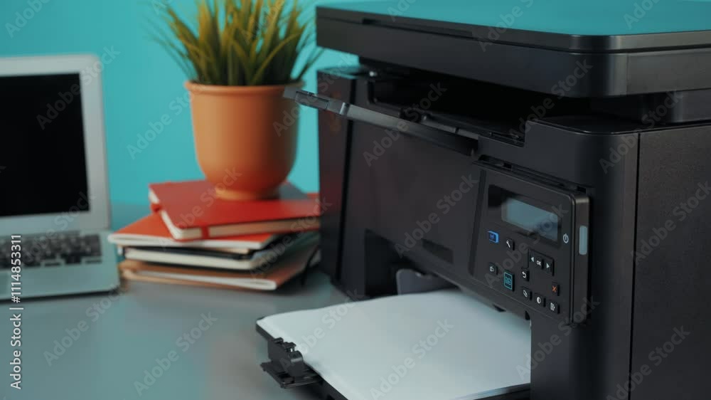 Home office setup with multifunction printer and laptop on desk with ...