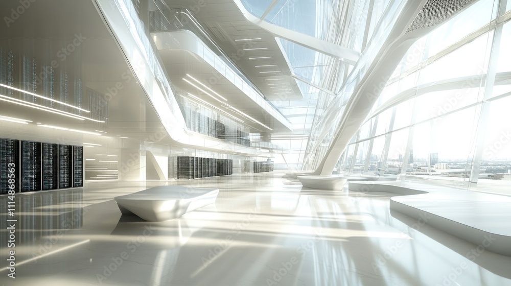 Modern futuristic office lobby with sunlight streaming through large ...