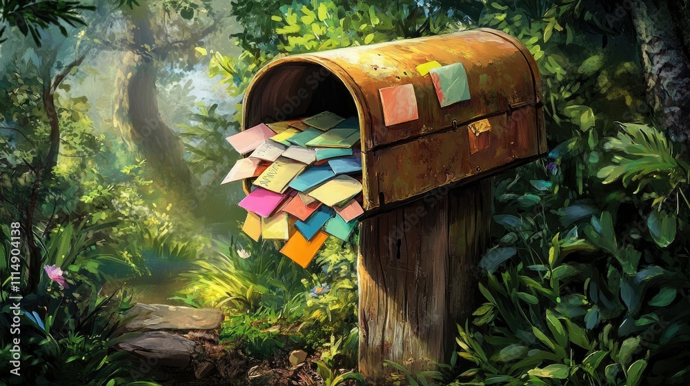 A picturesque rustic mailbox, overflowing with colorful letters ...
