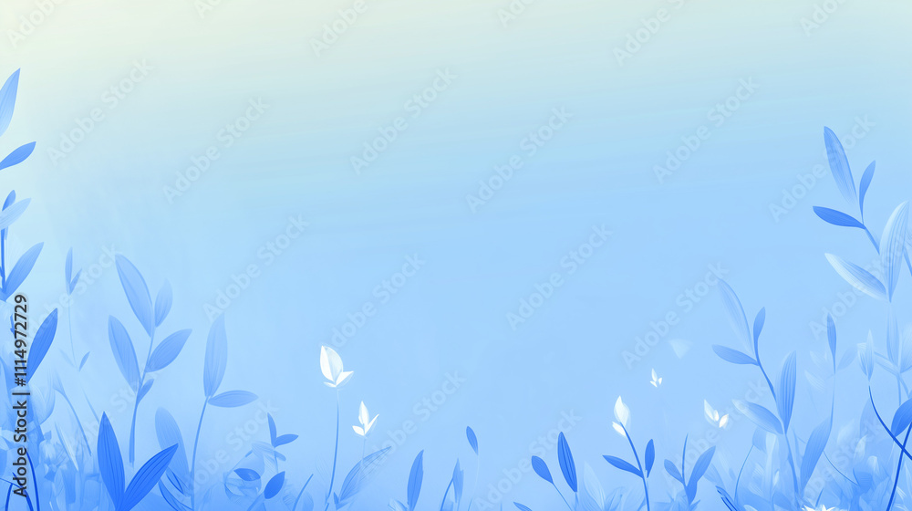 Light blue background with simple light blue foliage in the foreground ...