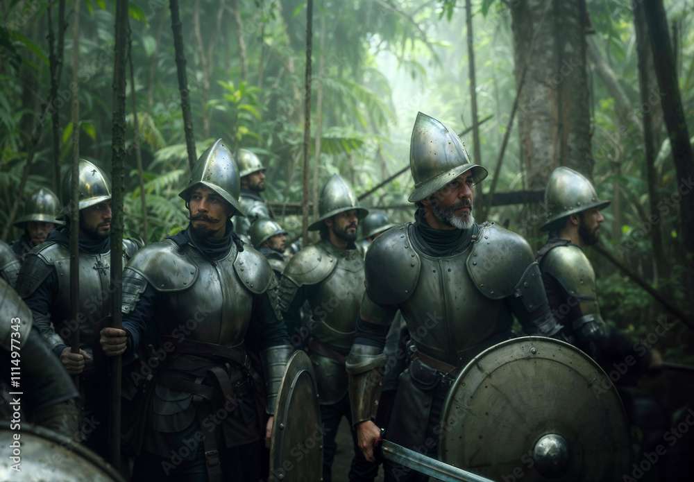 A group of Spanish conquistadors in steel armor stand amidst a misty ...