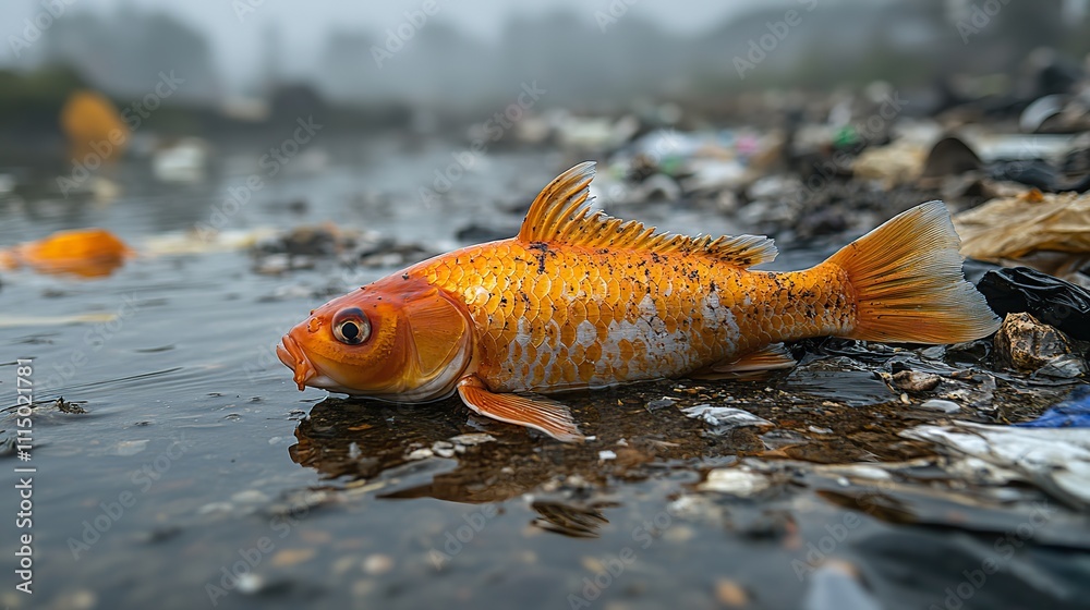 Dead fish floating amidst garbage in a polluted lake, a distressing ...