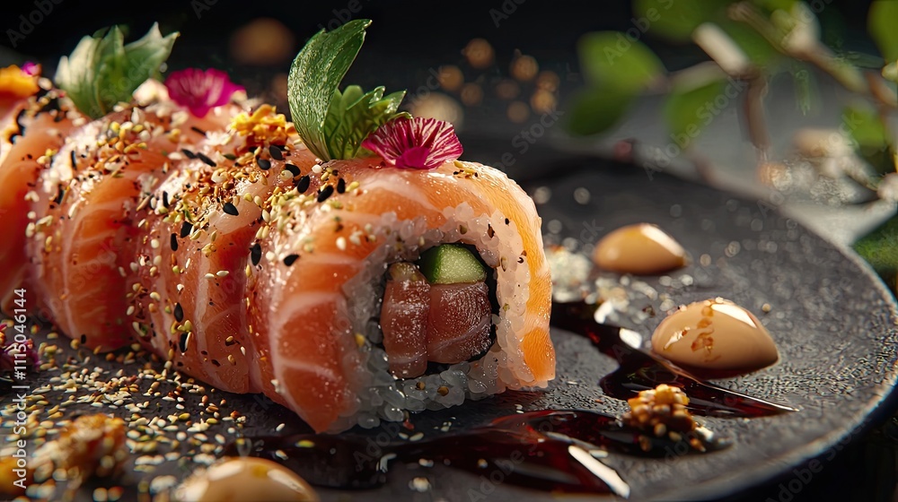 Cinematic, sushi roll with spicy tuna, close-up shot, vibrant colors, detailed textures, premium ...