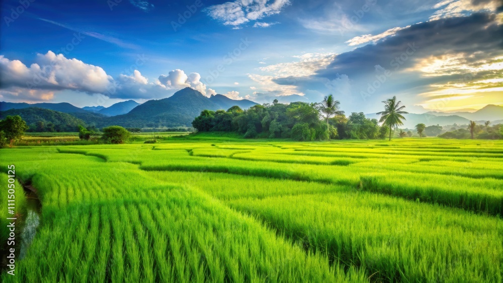 Beautiful green view of rice field landscape, scenic, agriculture ...