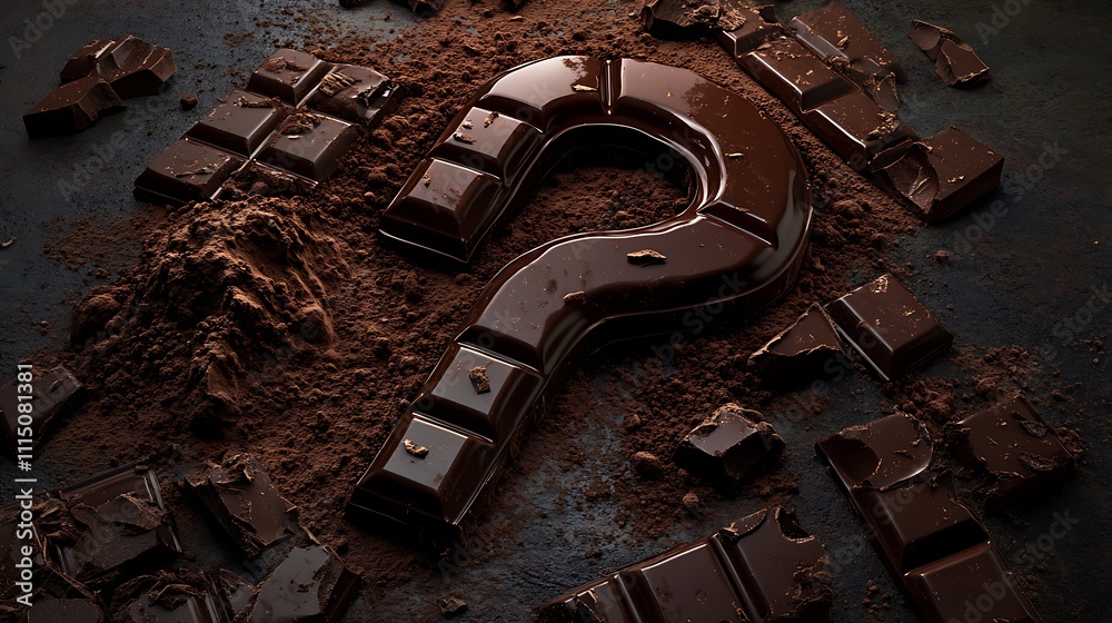 Chocolate question mark on cocoa powder with broken chocolate pieces ...