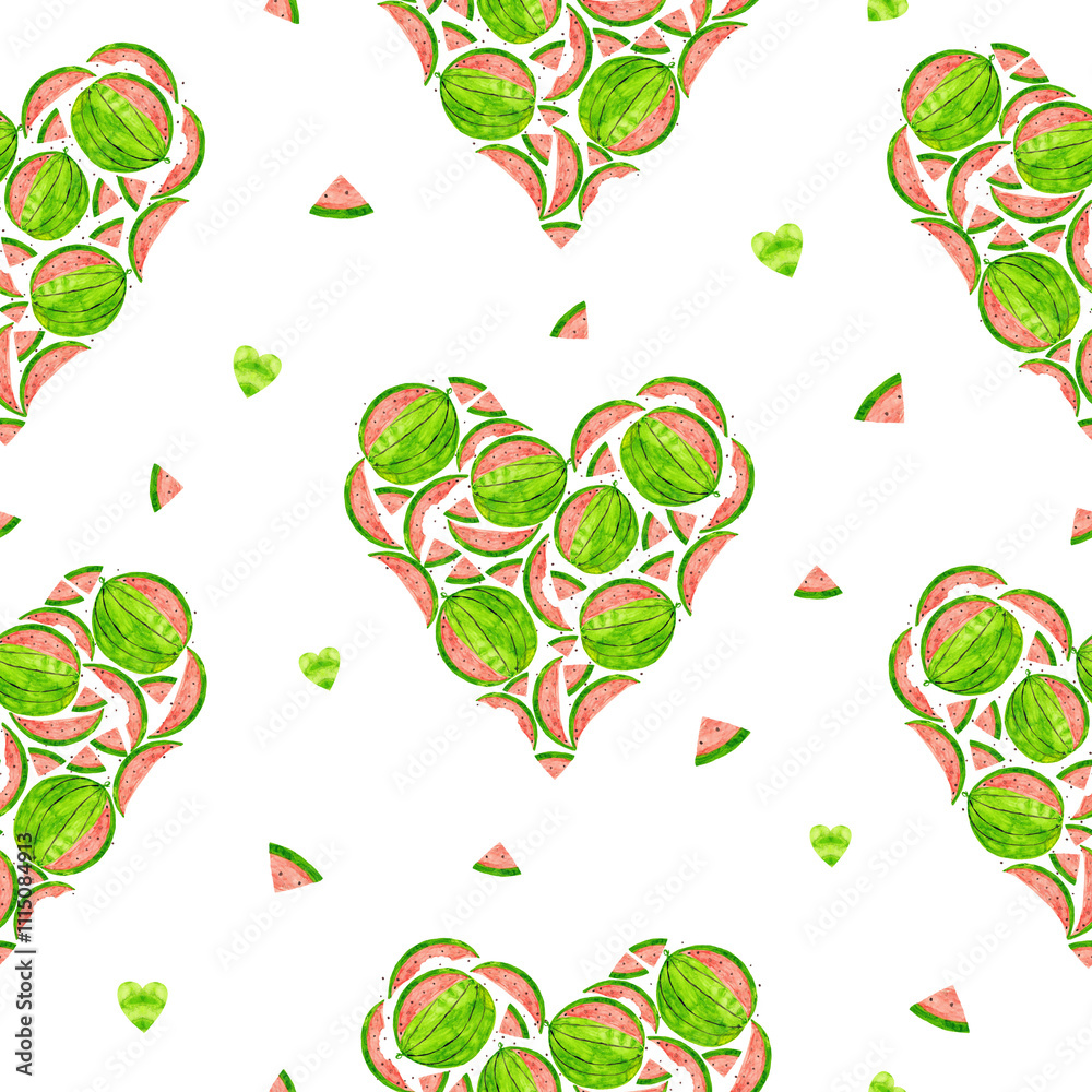 Hand drawn watercolor seamless pattern with hearts of watermelon ...