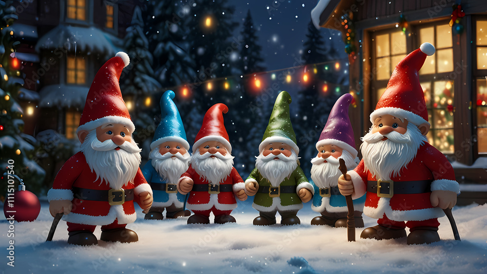 illustration of adorable gnomes wearing Santa Claus outfits, complete ...
