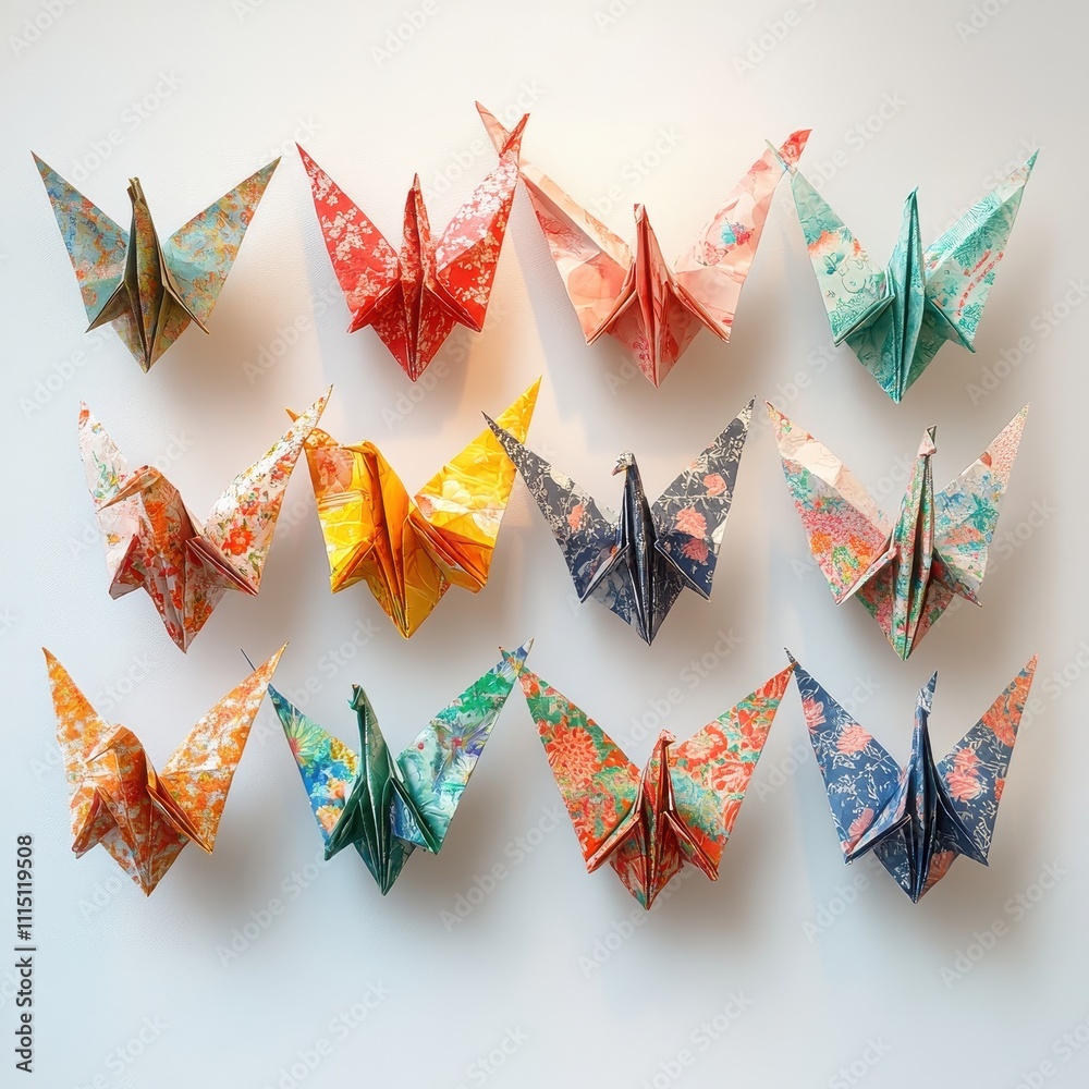 Colorful Origami Cranes Displayed on a White Background Showcasing ...
