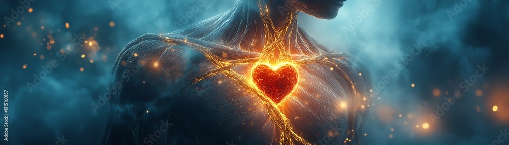 Photo & Art Print Closeup of a human chest with a glowing red heart and ...