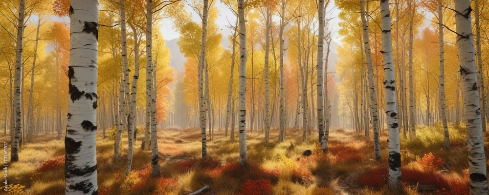 Aspens ablaze with fiery and warm autumn colors, aspen leaves turning ...