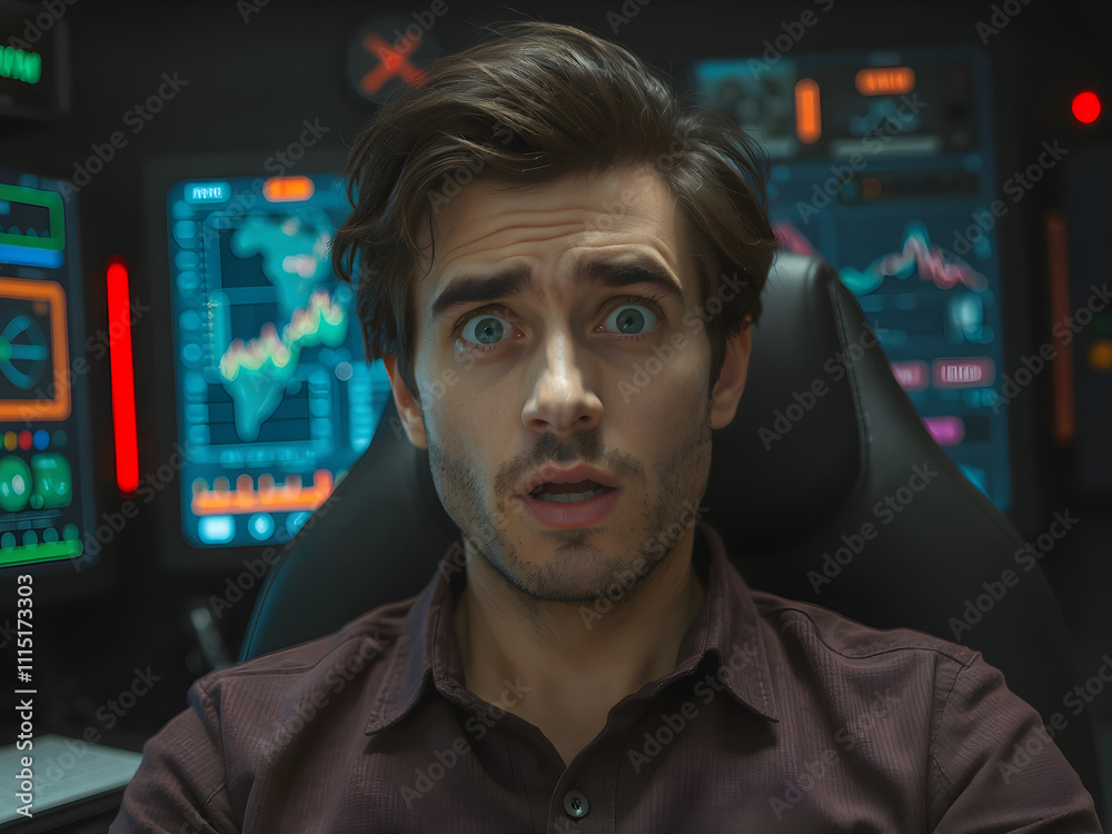 scared dark hair guy sitting in a chair facing forward in a high tech ...