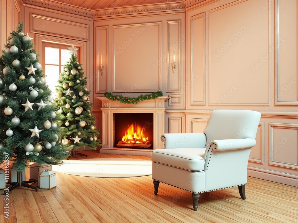 Classic interior with a Christmas tree, fireplace, lounge armchair ...