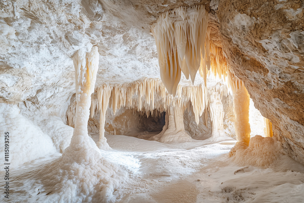 Natural cave with stalactite with rocky stair, Landscape view of cave ...
