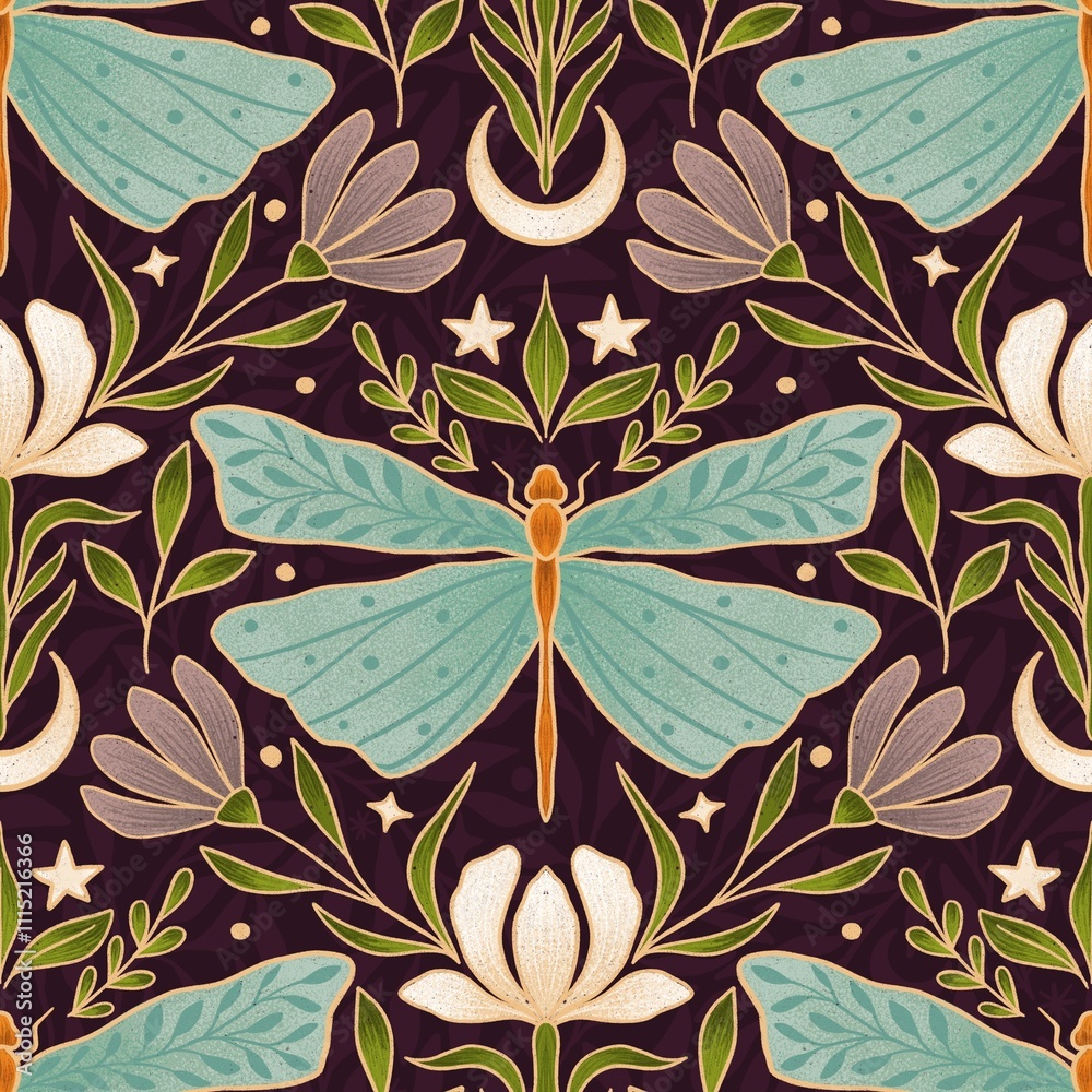 Seamless moonlit botanical pattern that can be used for printing on ...