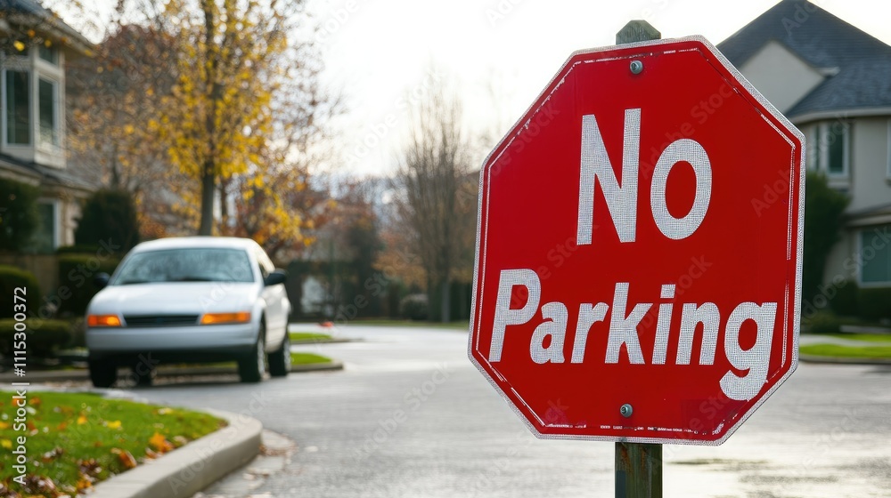 Suburban driveway with a large No Parking sign blocked by a parked ...