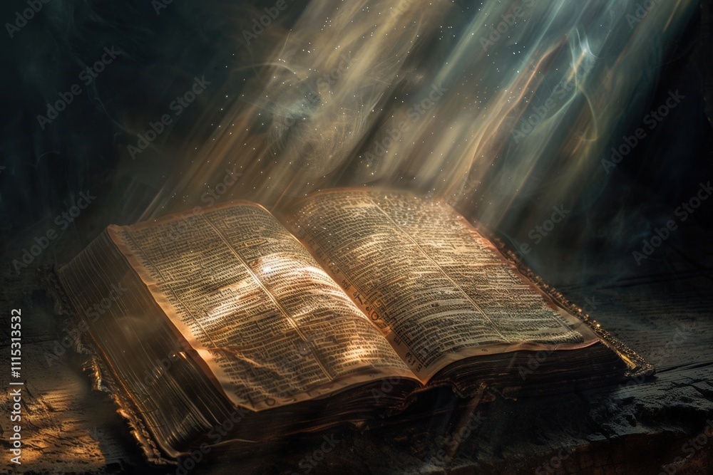A mystical open book emits ethereal light in a dimly lit environment, revealing ancient text and ...