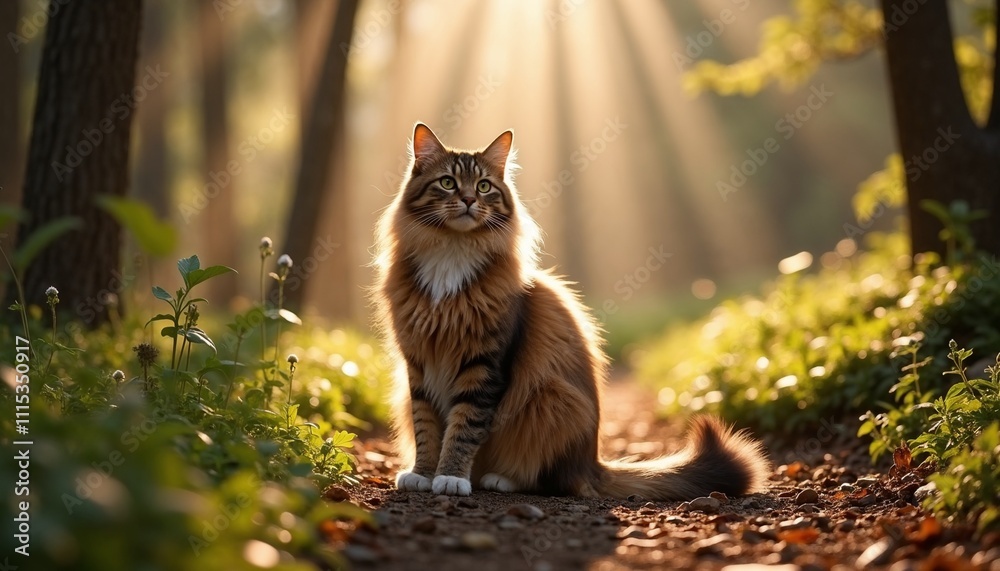 Norwegian Forest Cat sitting gracefully in sun-dappled forest clearing ...