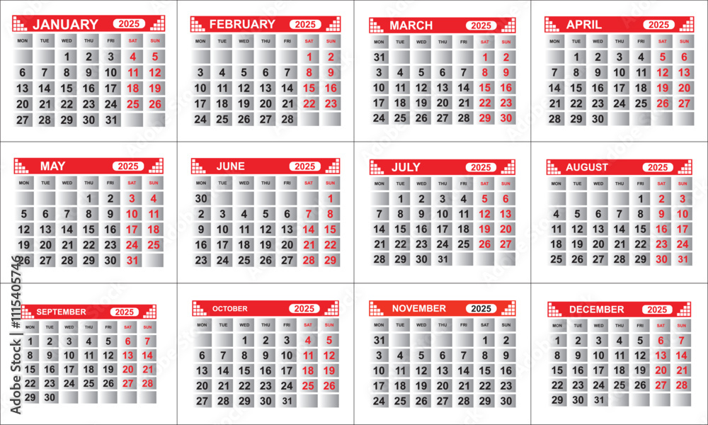 2025 calendar. simple calendar set for print, diary, app, website, UI ...