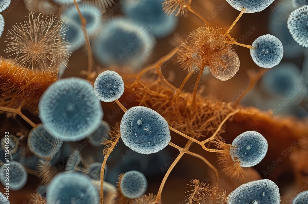 Photo & Art Print Microscopic view of blue spores and fungal structures ...