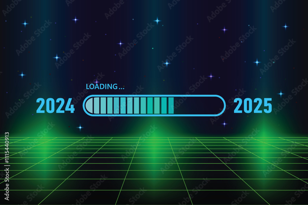 Blue loading bar from 2024 to 2025 on Retro Futurism Sci-Fi Background ...