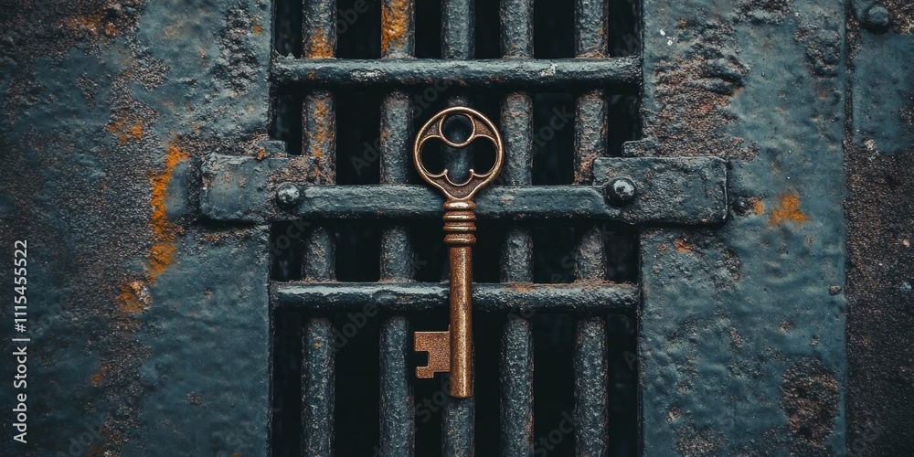Key to the prison entrance grate symbolizes the concept of security and ...