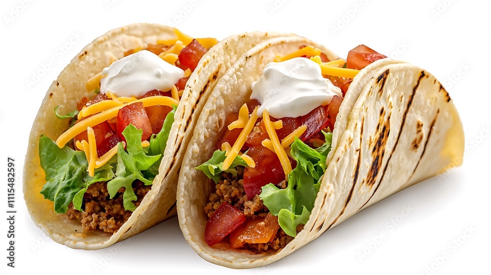 Two tacos side by side, each filled with seasoned ground meat, lettuce ...