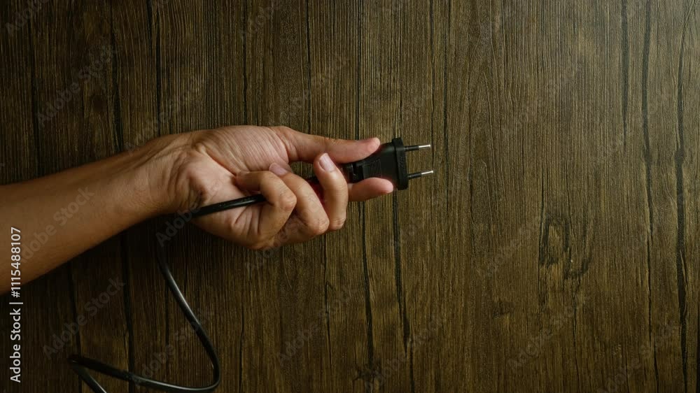 Hand holding a black power plug with a cable against a dark wooden ...