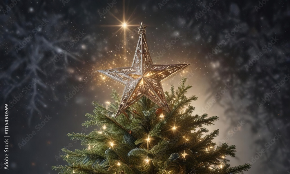 Festive Christmas tree with a giant star at the bottom and twinkling ...