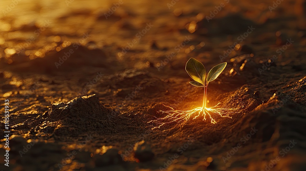 A tiny seed sprouting in the middle of a barren desert, with roots ...