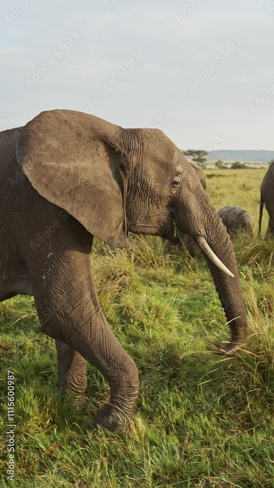 Vertical African Elephant Eating Grass on Safari, Vertical African ...